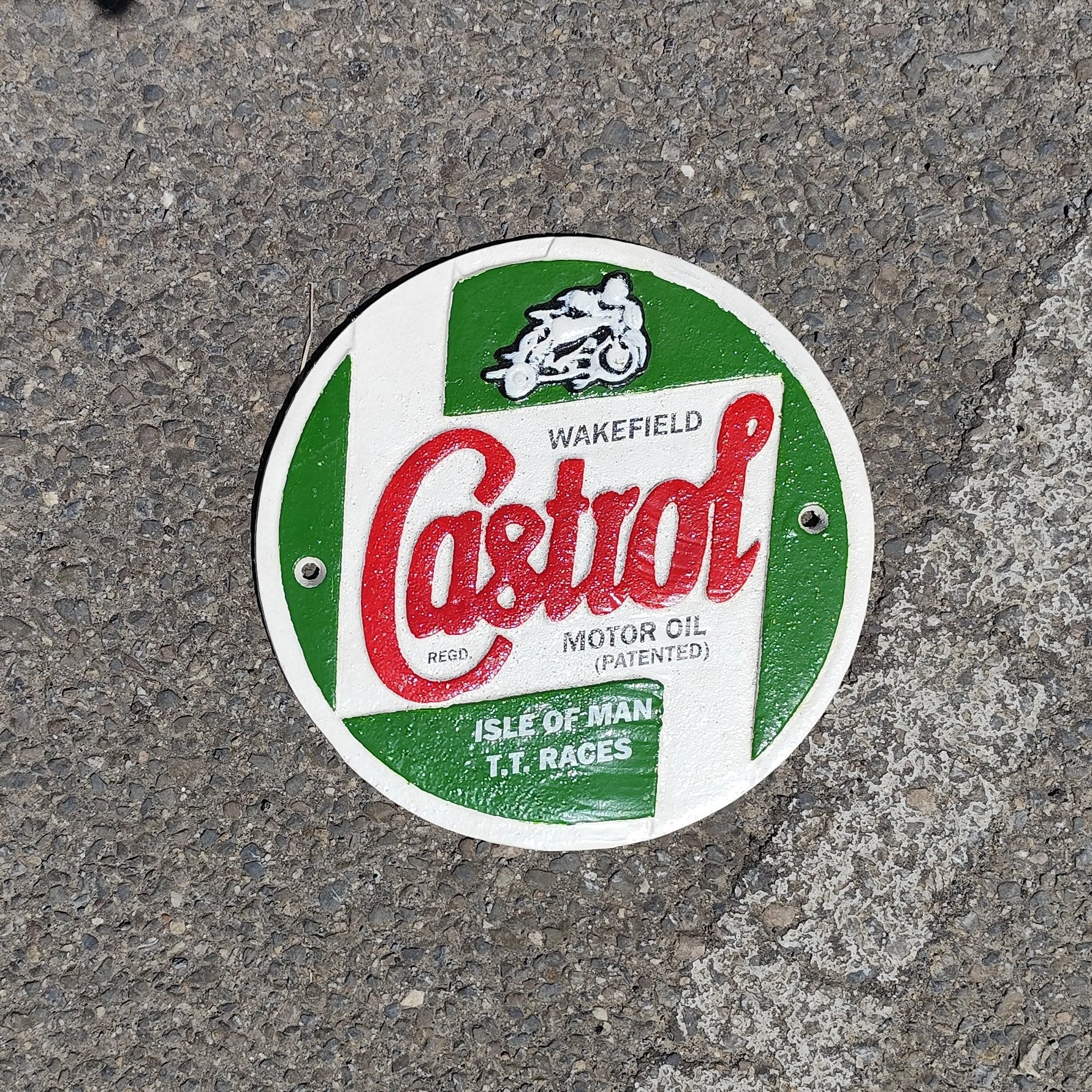 Castrol TT Round Sign Green Background – Stanley Art Foundry